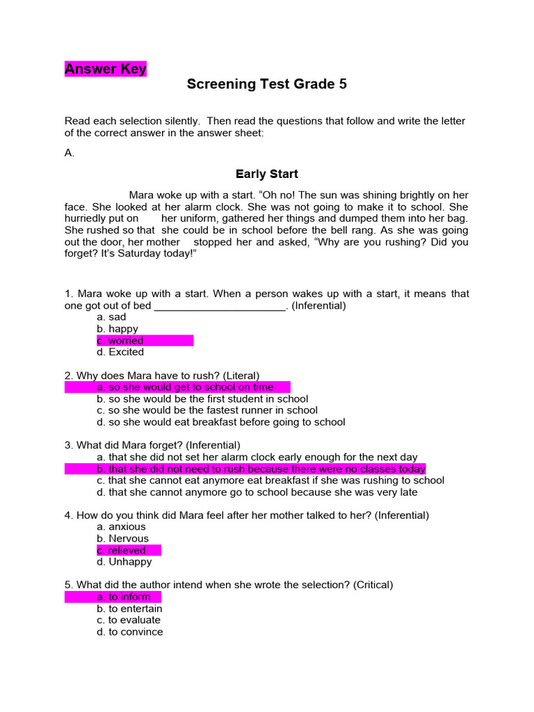 English Screening Test Grade 5 | PDF