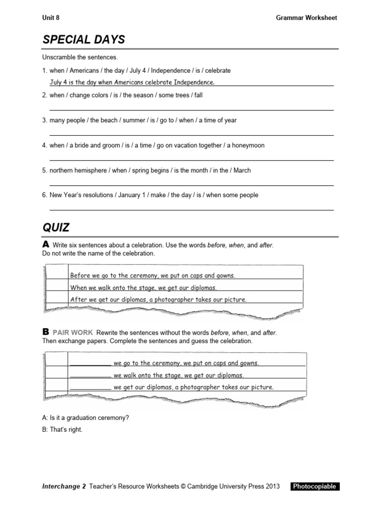 Special Days Grammar Worksheet | PDF