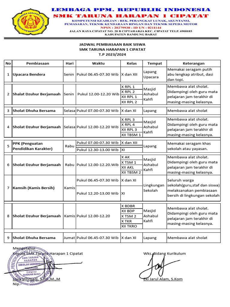 Jadwal Pembiasaan Baik Siswa T.P 2023 - 2024 | PDF