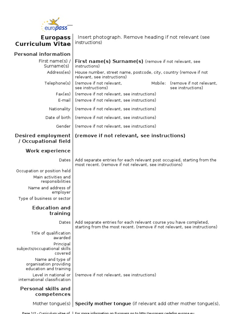 CV Template Europass (English) | PDF | Cognitive Science | Cognition
