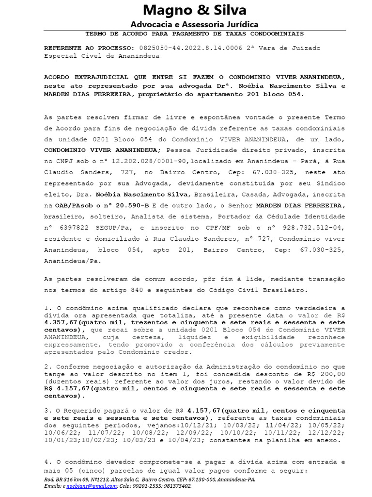 Termo de Acordo Extrajudicial Marden | PDF | Condomínio | Advogado