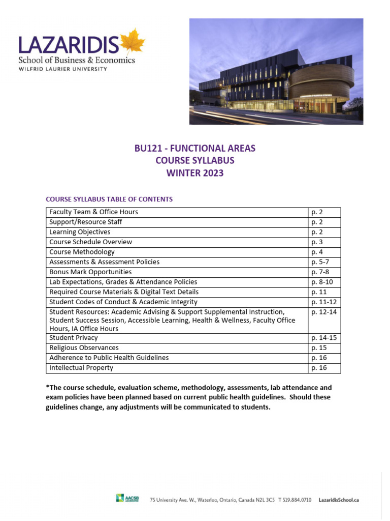 BU121 Winter 2023 Course Syllabus | PDF | Lecture | Academic Integrity