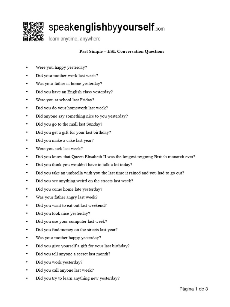 Past Simple ESL Conversation Questions | PDF