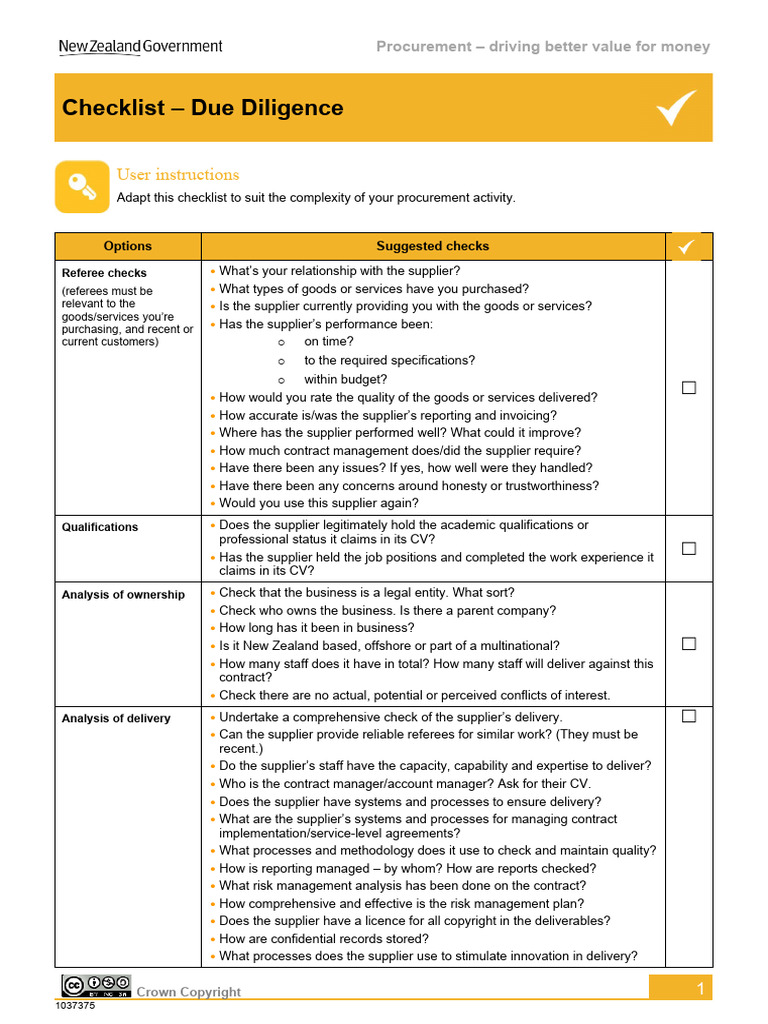 Due Diligence Checklist | PDF | Risk Management | Procurement