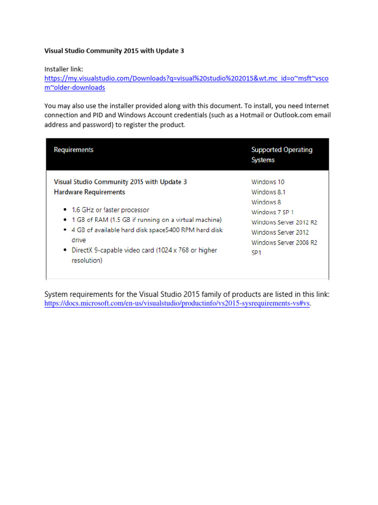Visual Studio Community 2015 with Update 3 Install Instructions | PDF