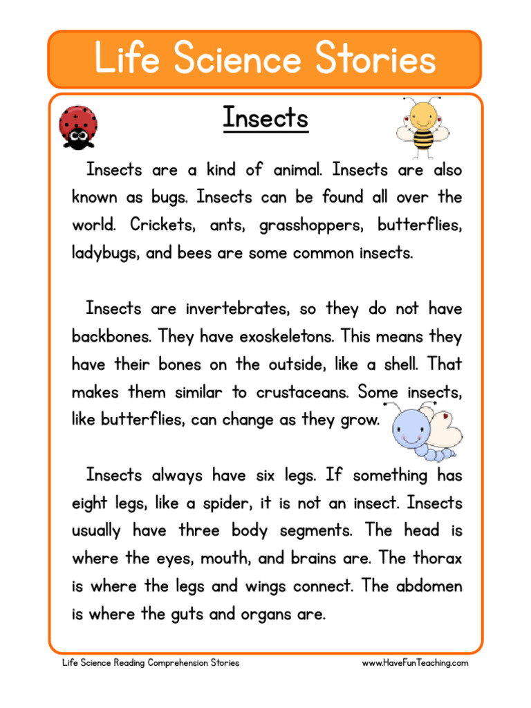 Life Science Stories Comprehension Insects | PDF
