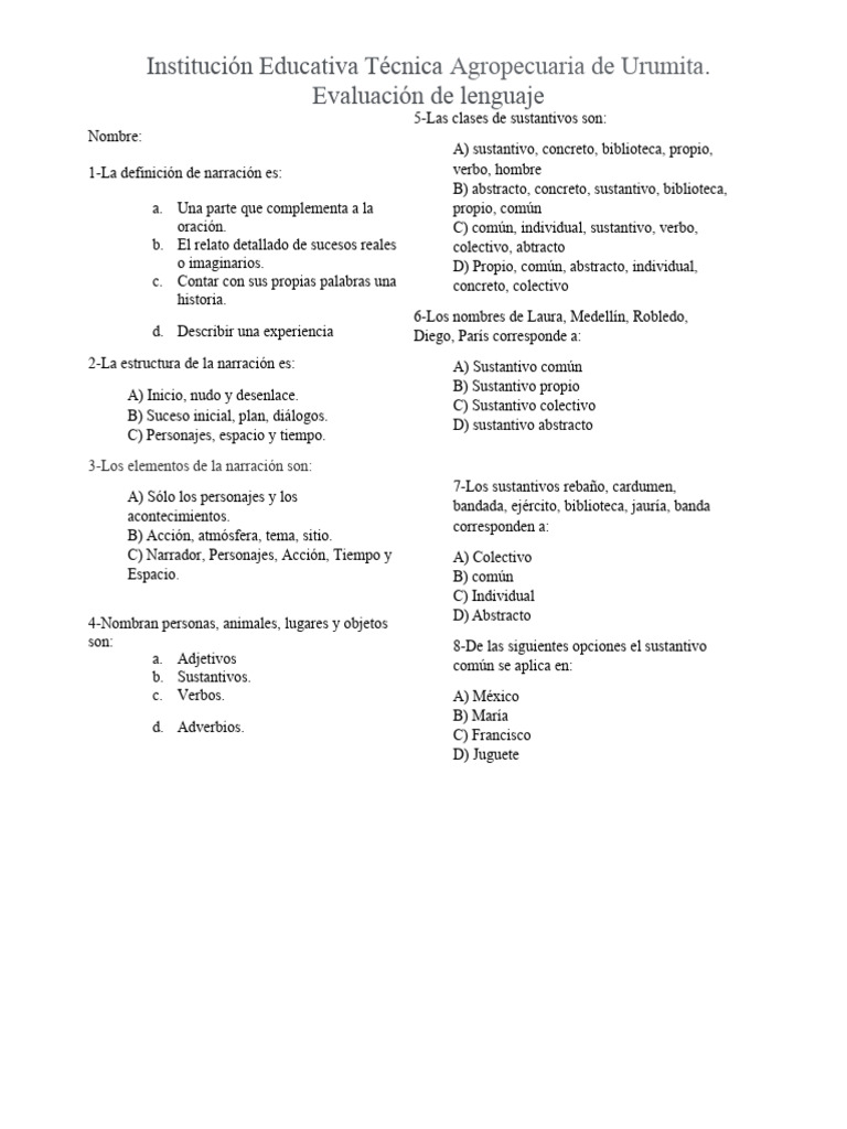 Evaluacion de Español Primer Periodo | PDF | Narración | Sustantivo