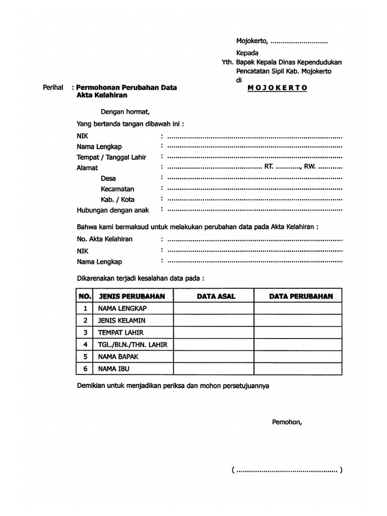 Formulir Permohonan Perubahan Data Akta Kelahiran Pdf
