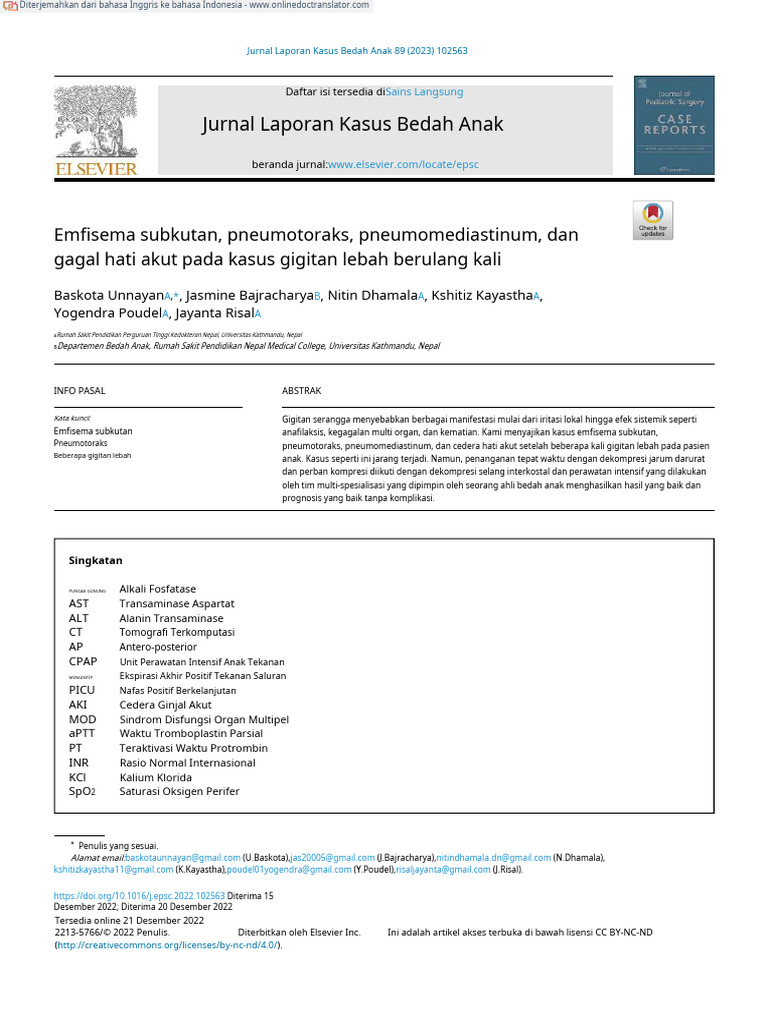 Subcutaneous Emphysema, Pneumothorax, Pneumomediastinum in Hornet Bite ...