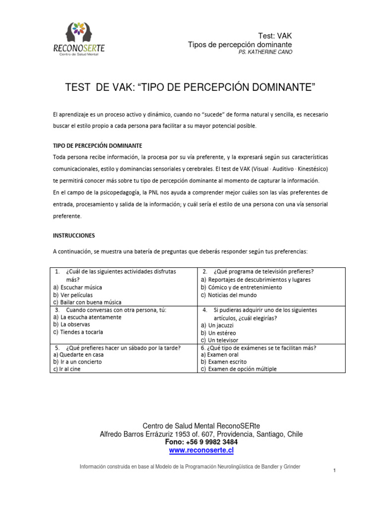 Test Estilos de Aprendizaje Vak | PDF | Programación neurolingüistica ...