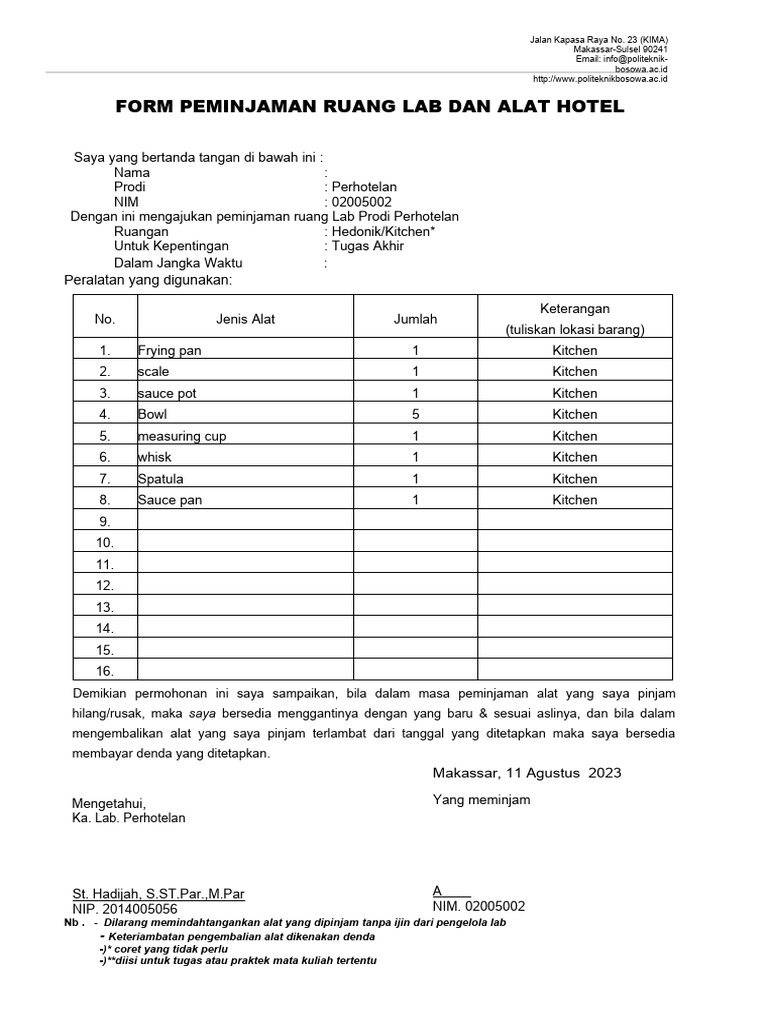 Form Peminjaman Ruang Lab Dan Alat-2 | PDF