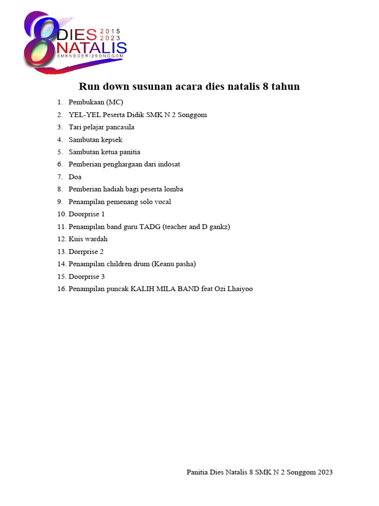 Run Down Susunan Acara Dies Natalis 8 Tahun | PDF | Seni