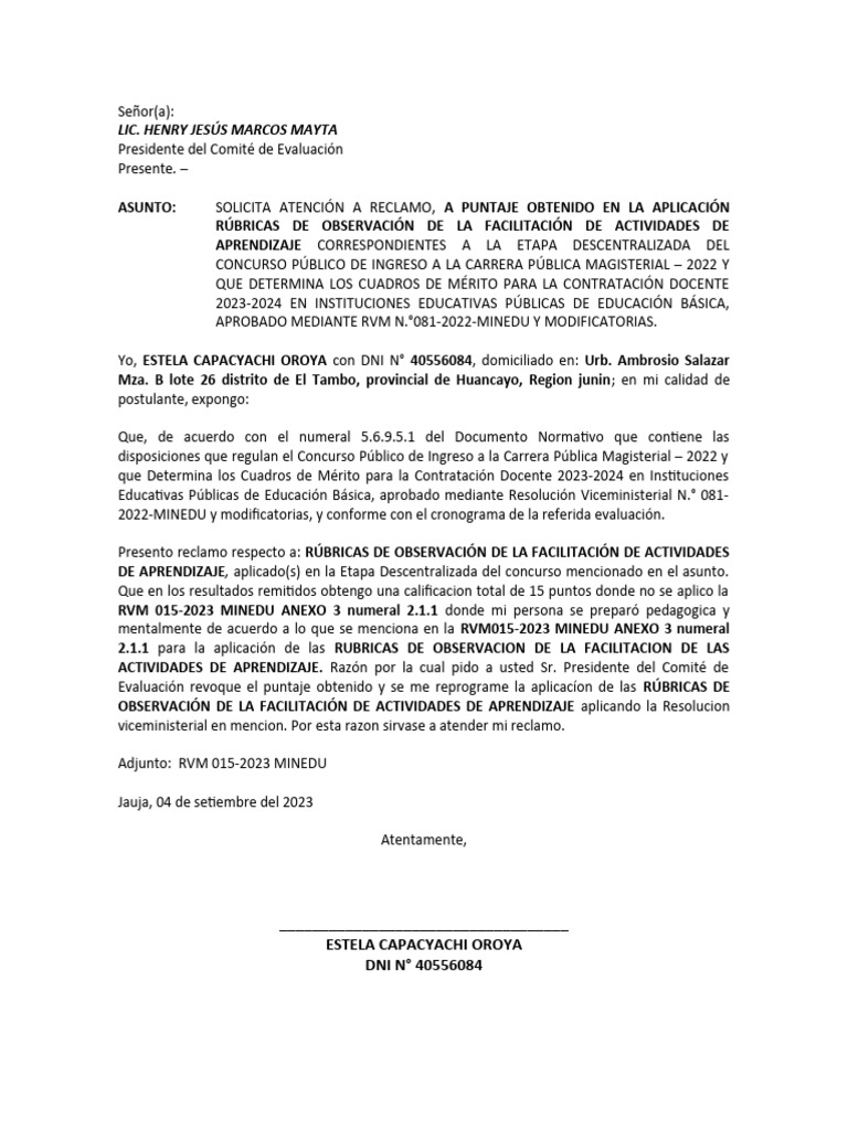 Ejemplo de Solicitud Atencion de Reclamo | PDF