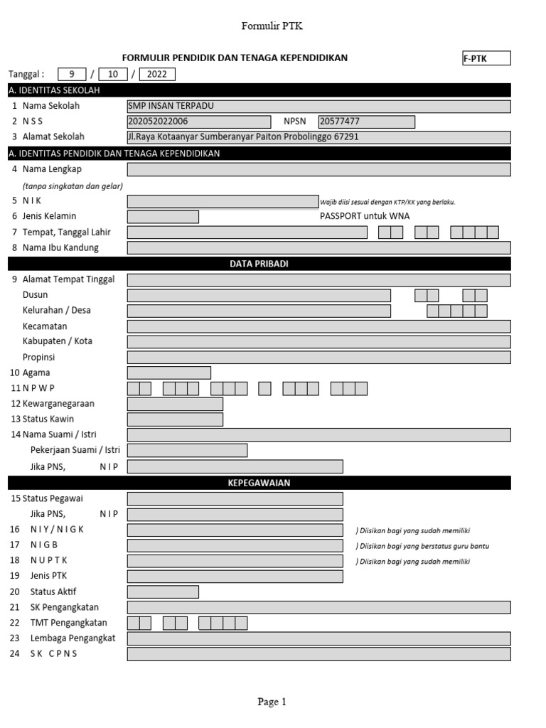 Formulir Isian PTK | PDF