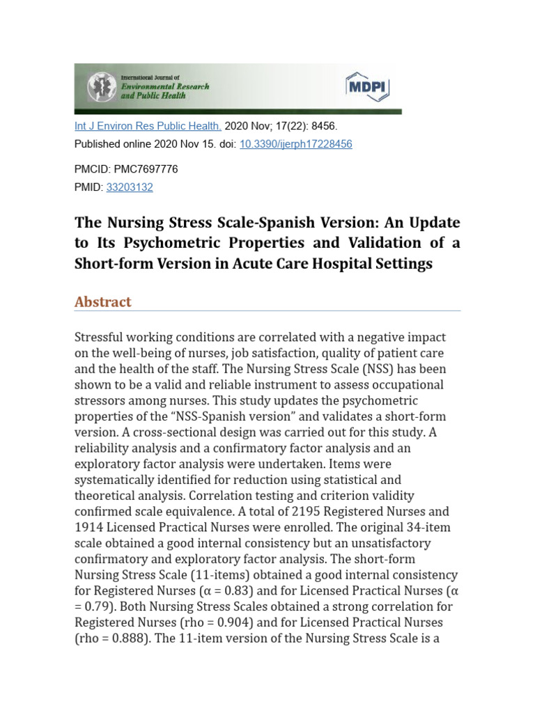The Nursing Stress Scale Spanish Version An Update To Its Psychometric ...