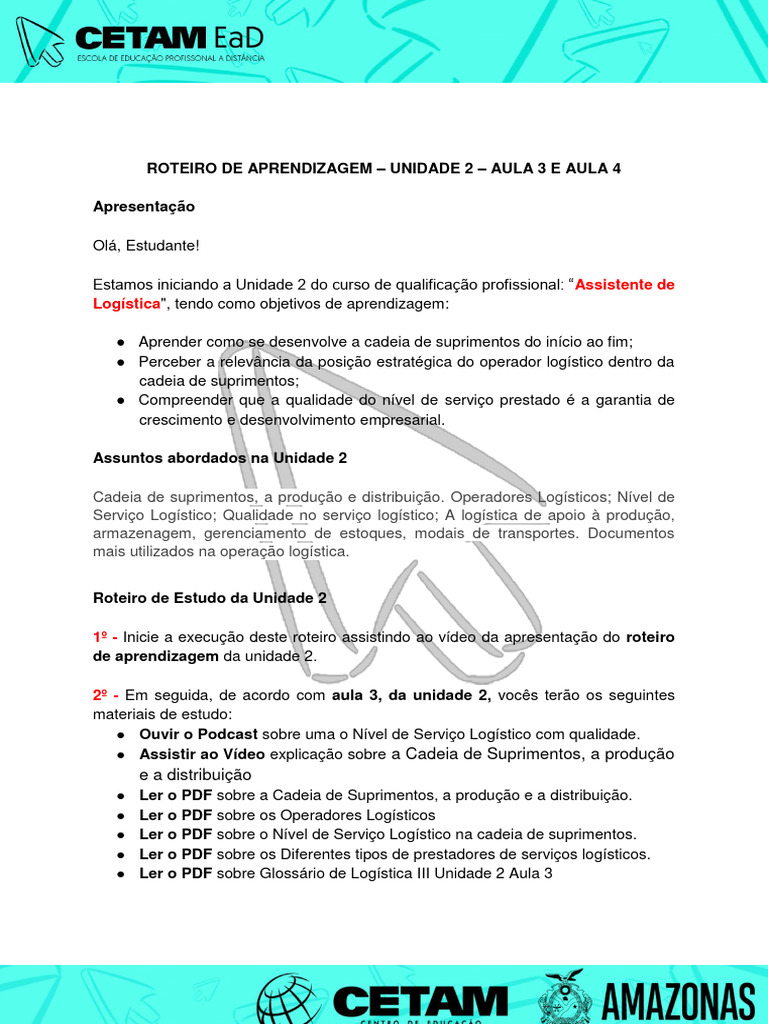 01 - Roteiro de Aprendizagem Unidade 2 | PDF | Logística | Cadeia de ...