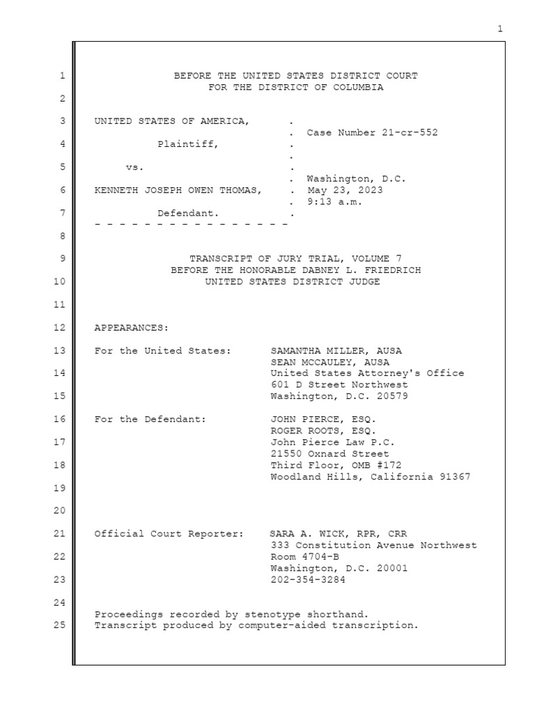Kenneth Joseph Owen Thomas Transcript of Jury Trial Volume 7 | PDF ...