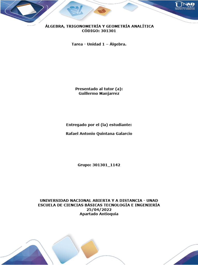Tarea - 1 Algebra Rafael Quintana Galarcio - 301301 - 1142 | PDF | Ecuaciones | Álgebra