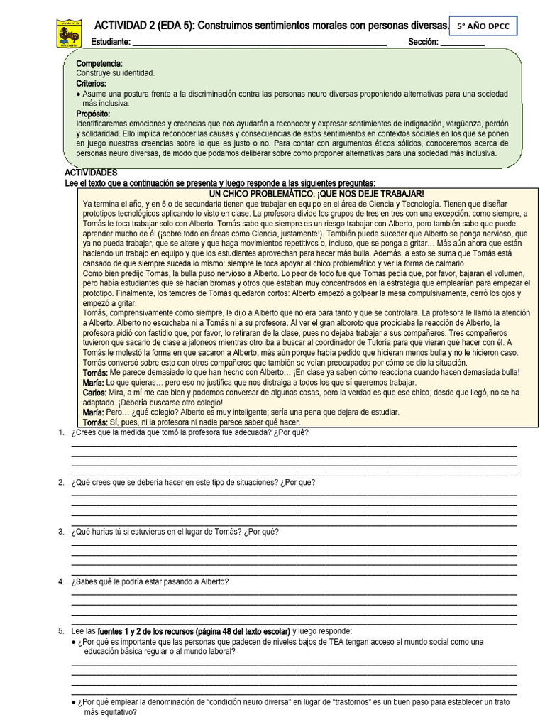 FICHA DE ACTIVIDADES DPCC 5 Ano EDA 5 Sesion 2 | PDF
