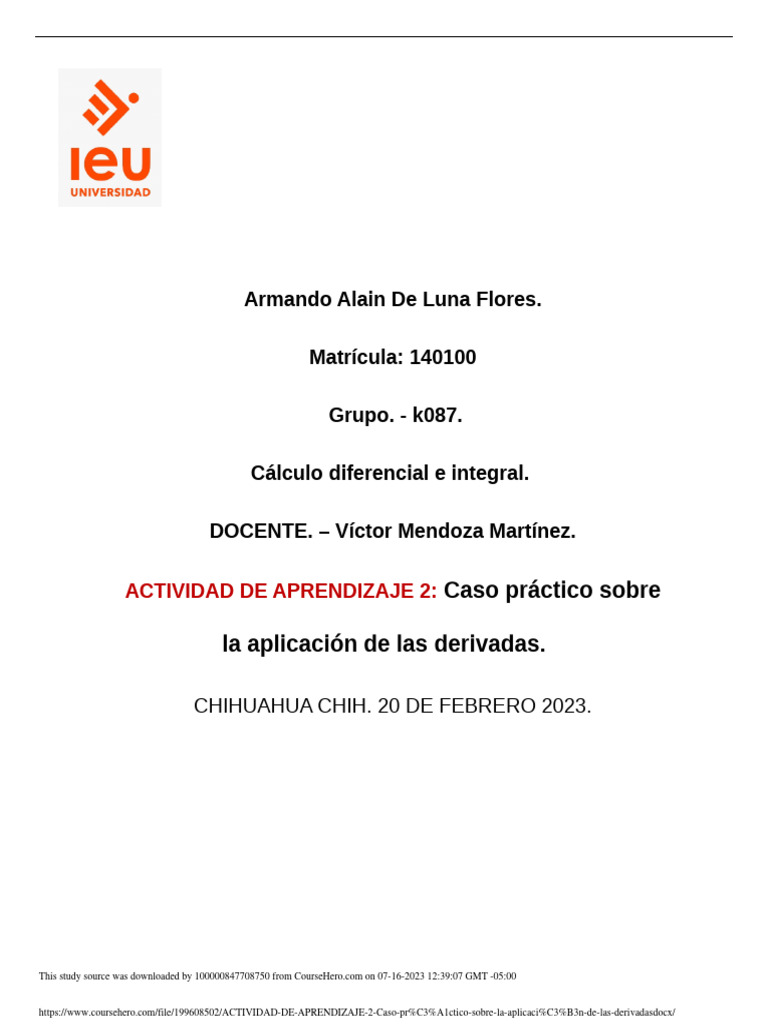 ACTIVIDAD DE APRENDIZAJE 2. Caso PR Ctico Sobre La Aplicaci N de Las Derivadas | PDF | Derivado ...