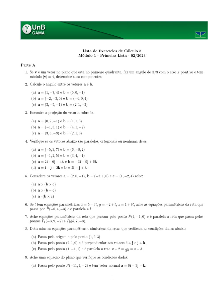 2.23-Lista Mod 1 Lis 1 c3 02 2023 | PDF | Vetor euclidiano | Linha (Geometria)