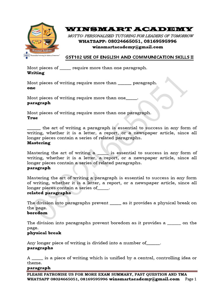 GST102 English Skills Summary Guide | PDF | Verb | English Language
