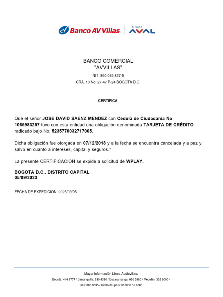 Certificación Bancaria AV VILLAS | PDF
