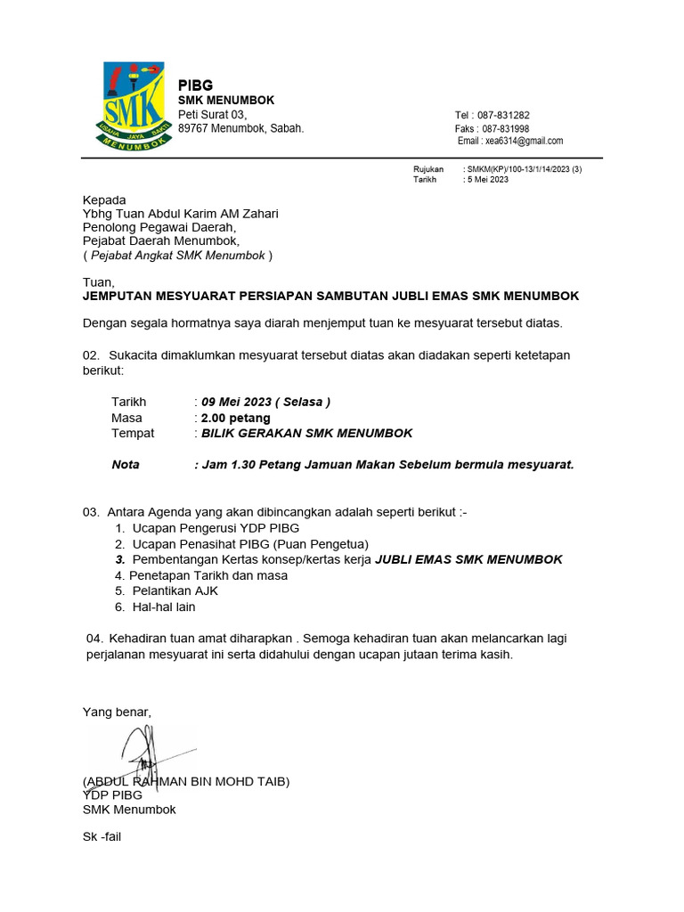 Surat Jemputan Mesyuarat Persiapan Jubli Emas | PDF