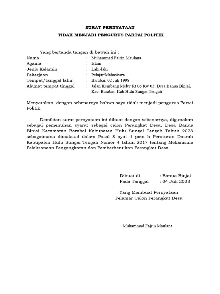 Surat Pernyataan Pengurus Partai Politik | PDF
