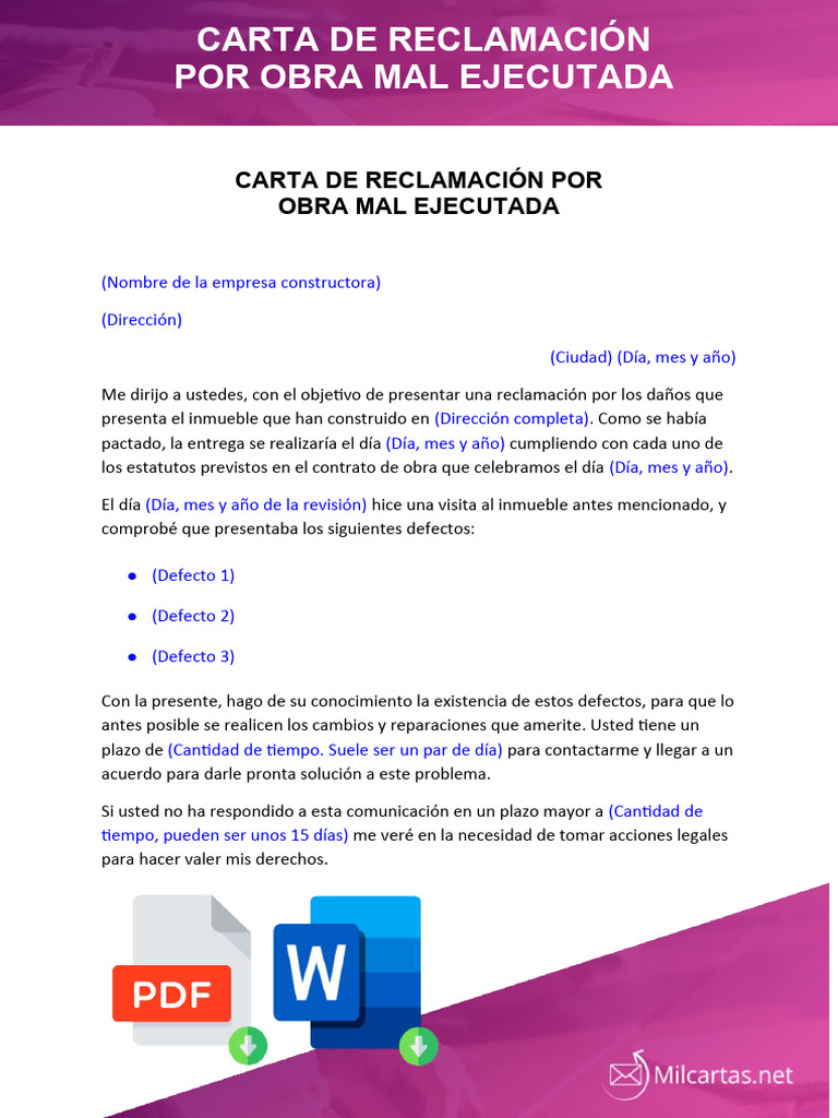Carta de Reclamacion Por Obra Mal Ejecutada | PDF