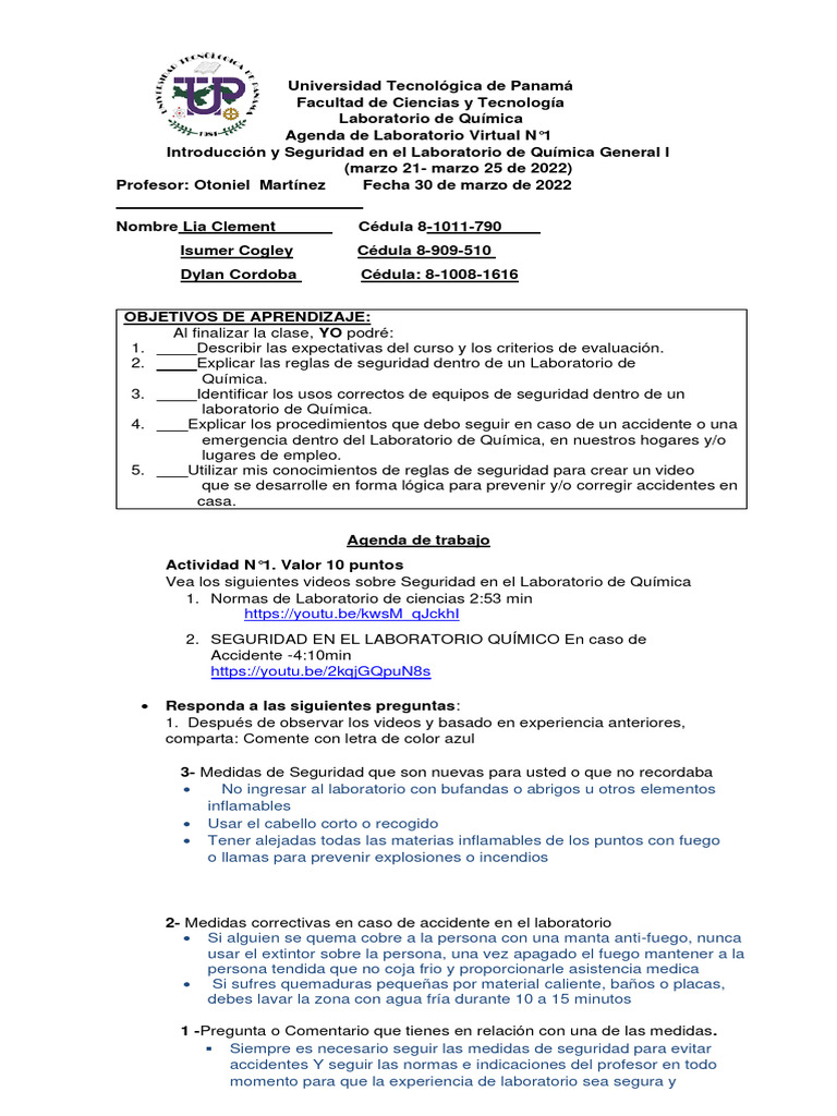 Lab N°1. Medidas de Seguridad en El Laboratorio de Química 1 (Resuelto ... Lab N°1. Medidas de Seguridad en El Laboratorio de Química 1 (Resuelto ...