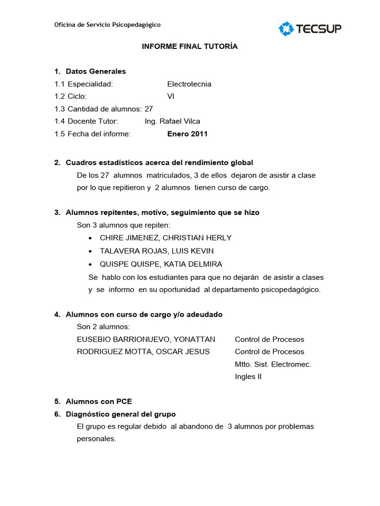 Informe Final Tutoría | PDF