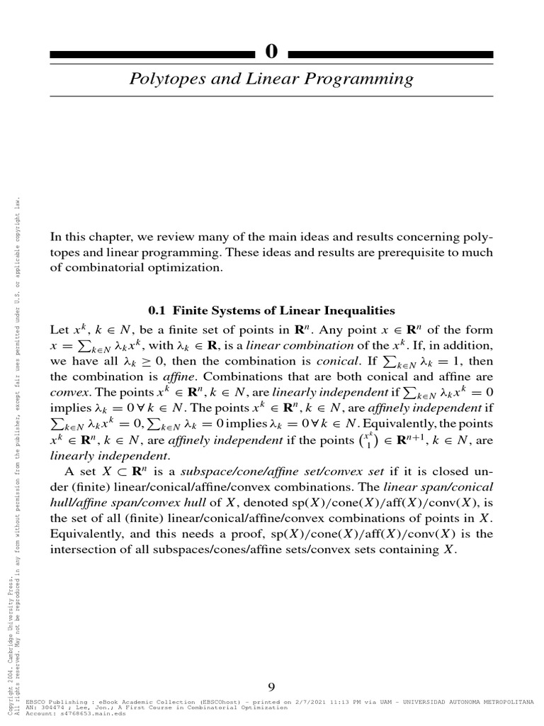 LeeJon 2004 0PolytopesAndLinearPr AFirstCourseInCombina | PDF | Linear Programming | Numerical ...
