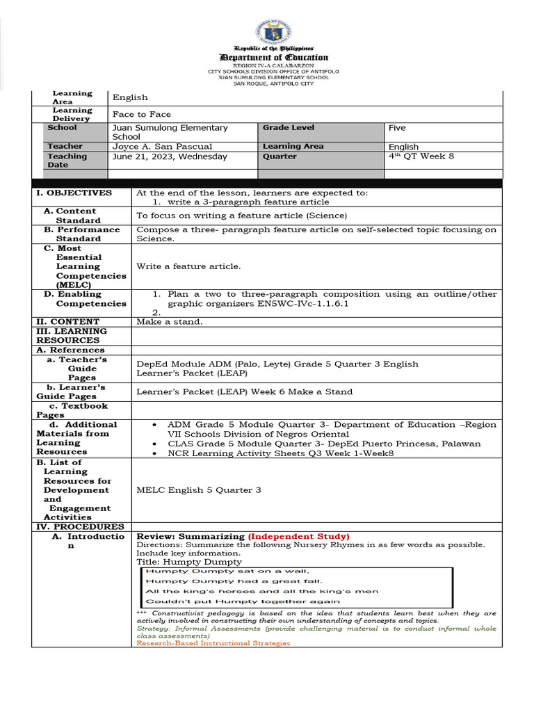 Grade 5 Feature Article Writing Guide | PDF | Pedagogy | Learning
