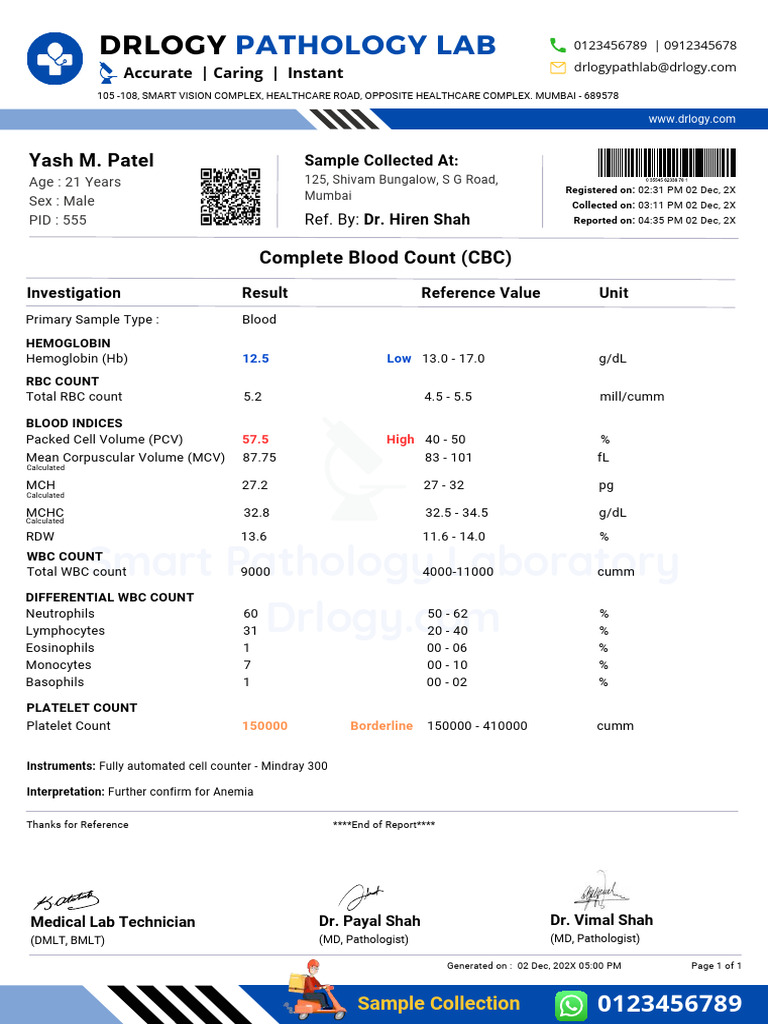 CBC Test Report Format Example Sample Template Drlogy Lab Report | PDF ...