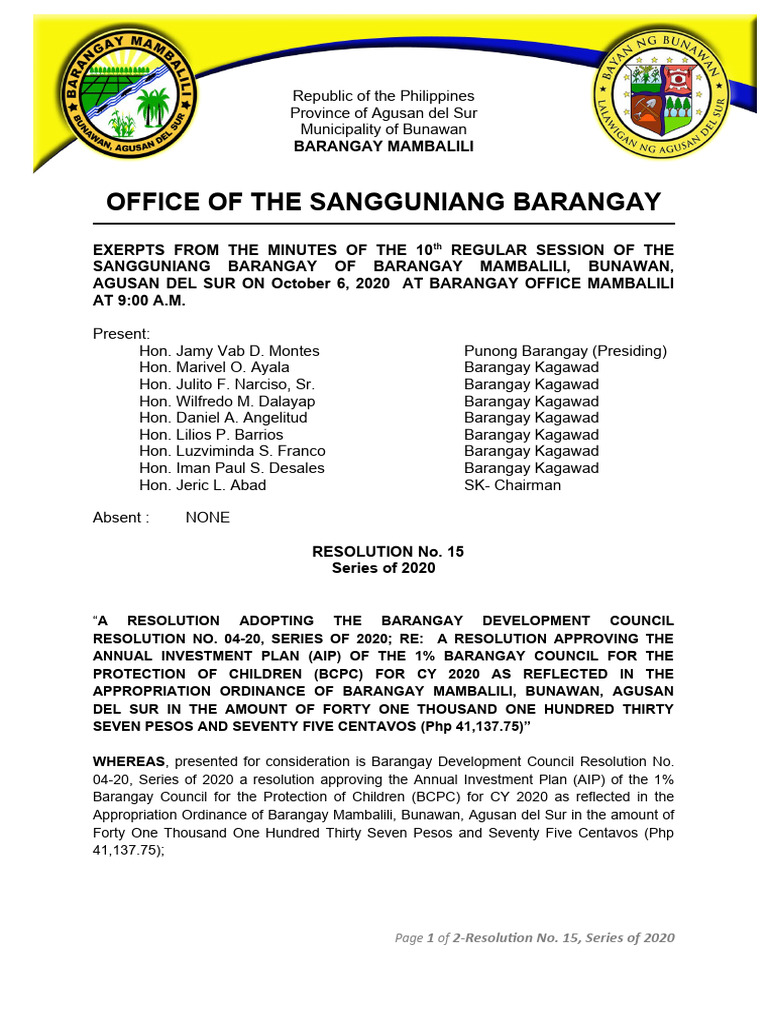 Resolution No. 15-Adopting The 1% BCPC | PDF | Economies ...