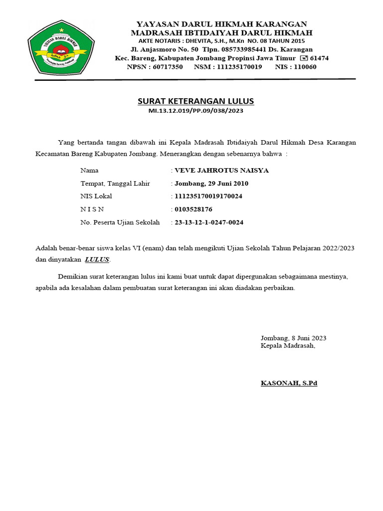 SURAT KETERANGAN LULUS New | PDF