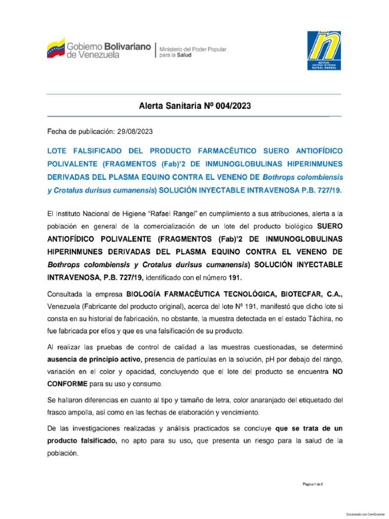 Alerta Suero Antiofidico 28 08 23 Am MPC Esp2 FINAL | PDF