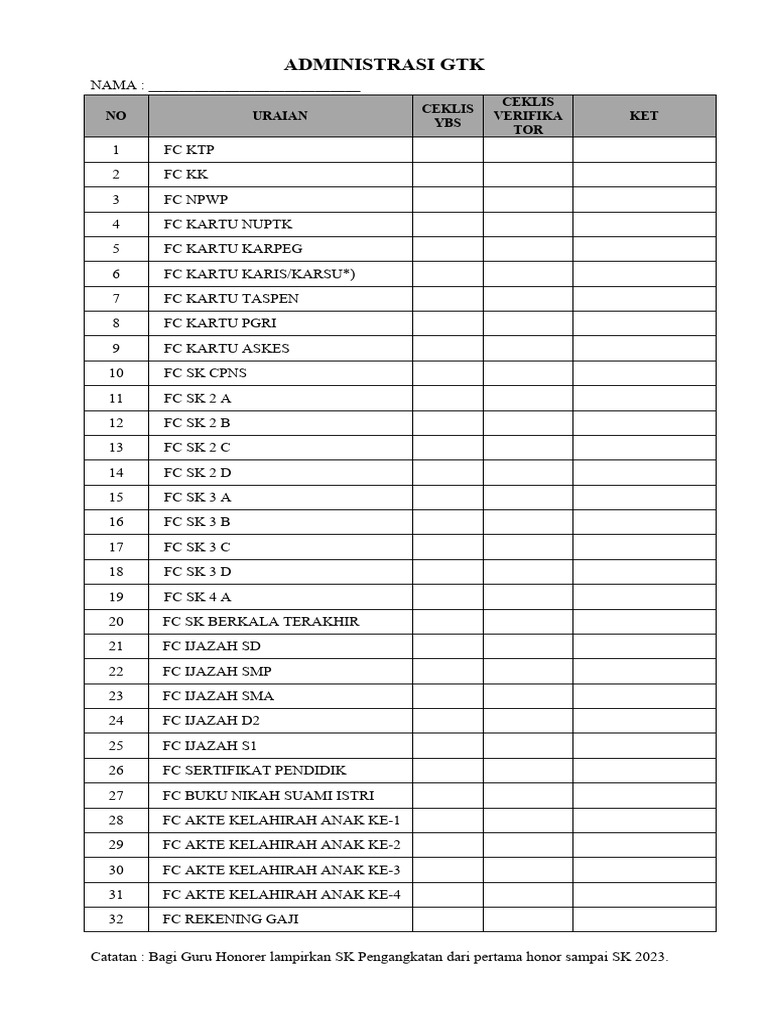 Formulir Administrasi GTK | PDF
