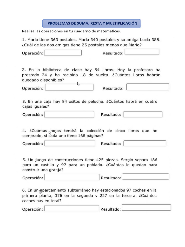 Problemas de Suma Resta y Multiplicación | PDF