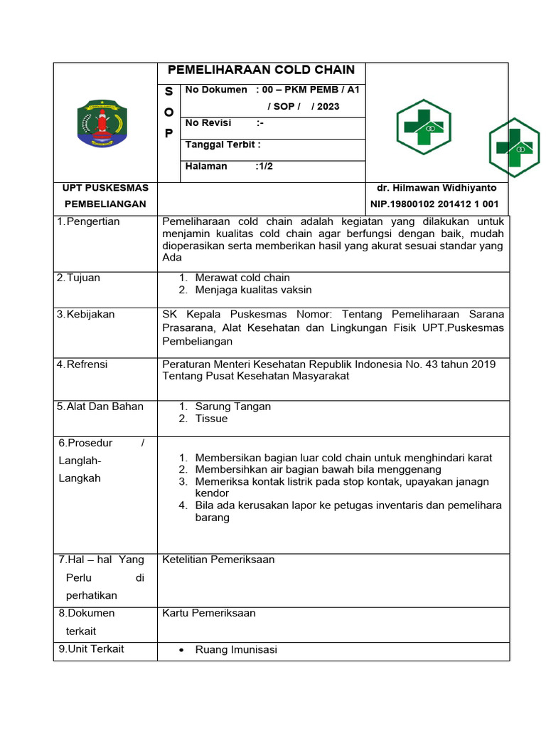 Sop Pemeliharaan Cold Chain | PDF