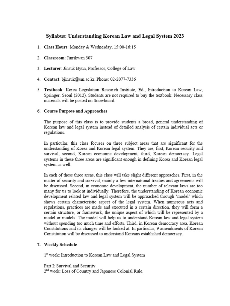2023 Korean Law and Institutions Syllabus | PDF | South Korea | World ...