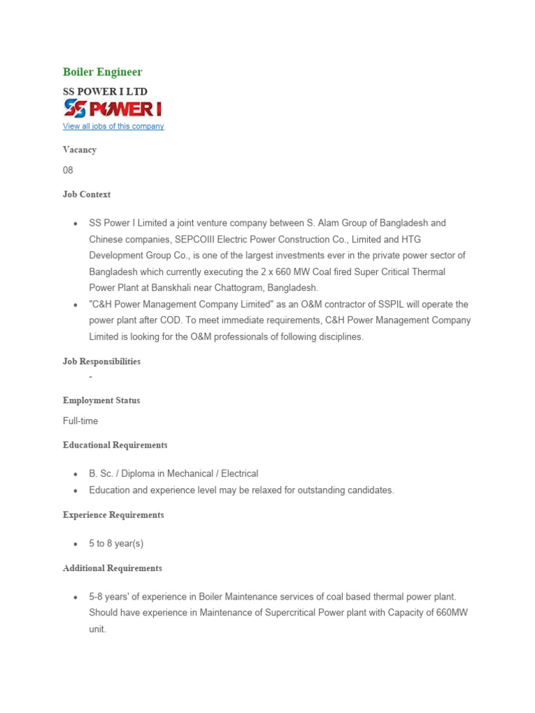 Boiler Engineer | PDF | Employment | Power Station