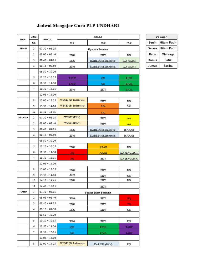 Jadwal Mengajar Guru PLP Undhari | PDF