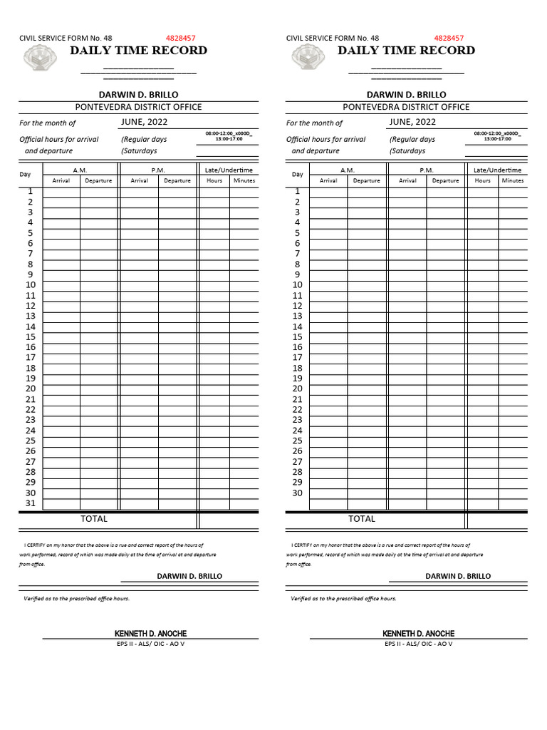 Daily Time Record for June-July 2022 | PDF