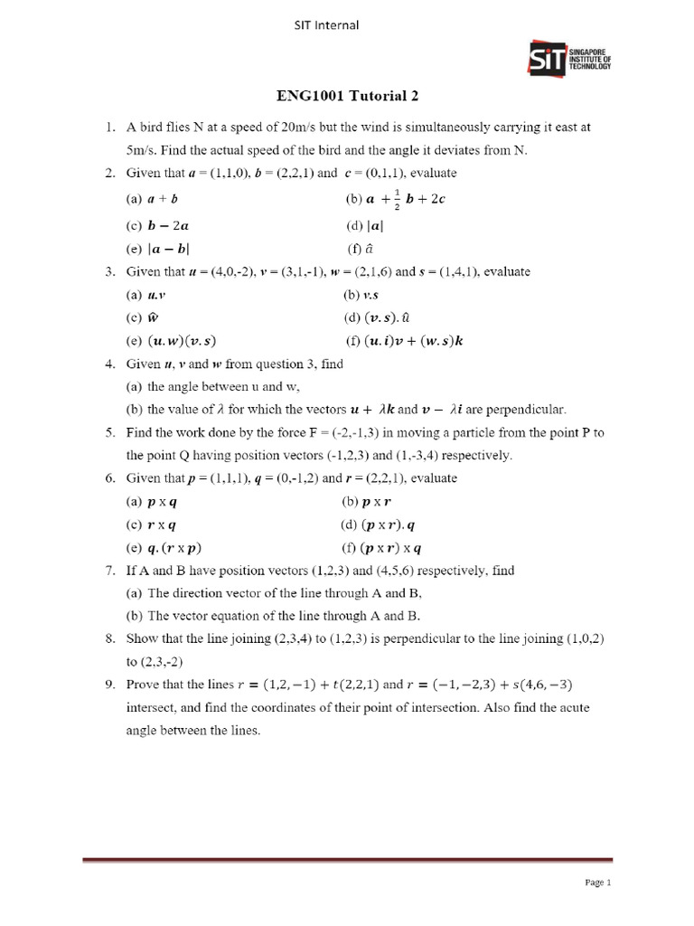 ENG1001 Tutorial 2 (Vectors) - EnG1001-Engineering Mathematics 1-L1 ...