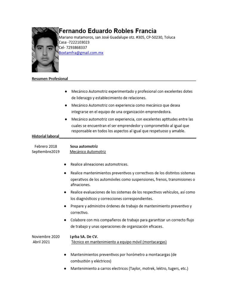 Fernando Eduardo Robles Francia: Resumen Profesional | PDF | Coche ...