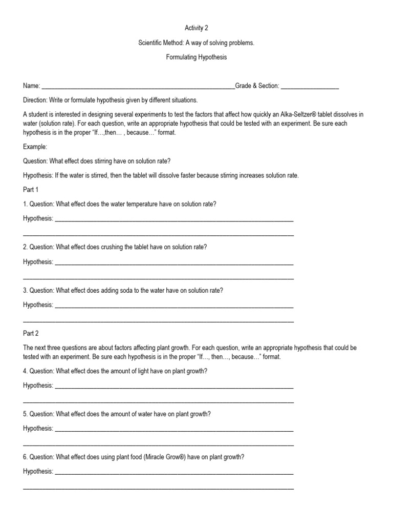Activity 2 Formulating Hypothesis | PDF | Hypothesis | Experiment