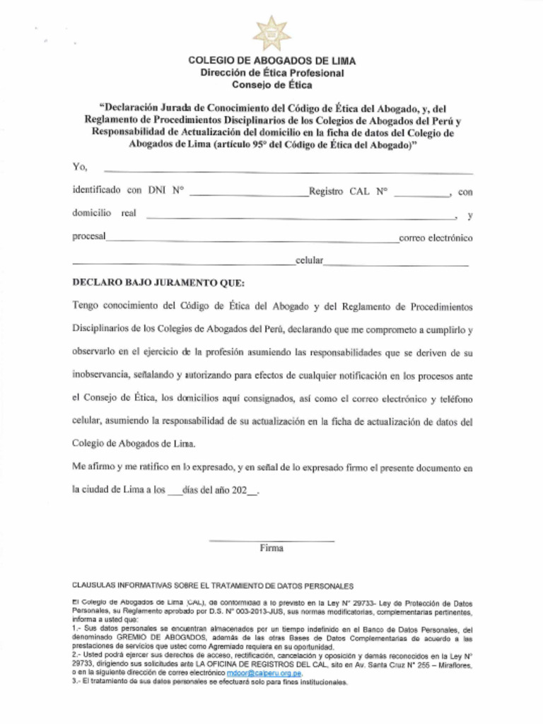 Declaracion Jurada de Conocimiento Del Codigo de Etica y Reglamento | PDF