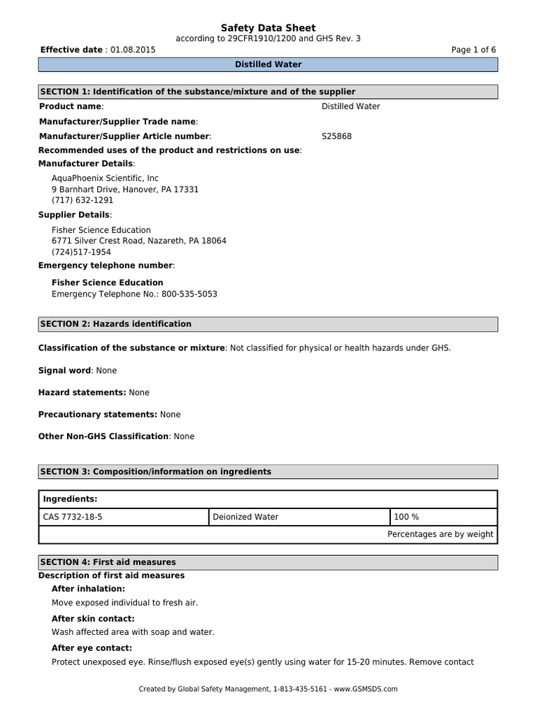 Safety Data Sheet - Distilled Water | PDF | Dangerous Goods | Toxicity